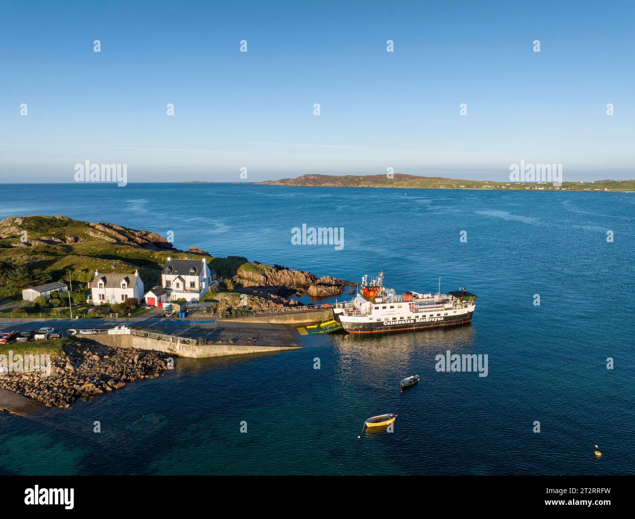 Aerial view of the Fionnphort ferry terminal with the ferry MV Loch ...