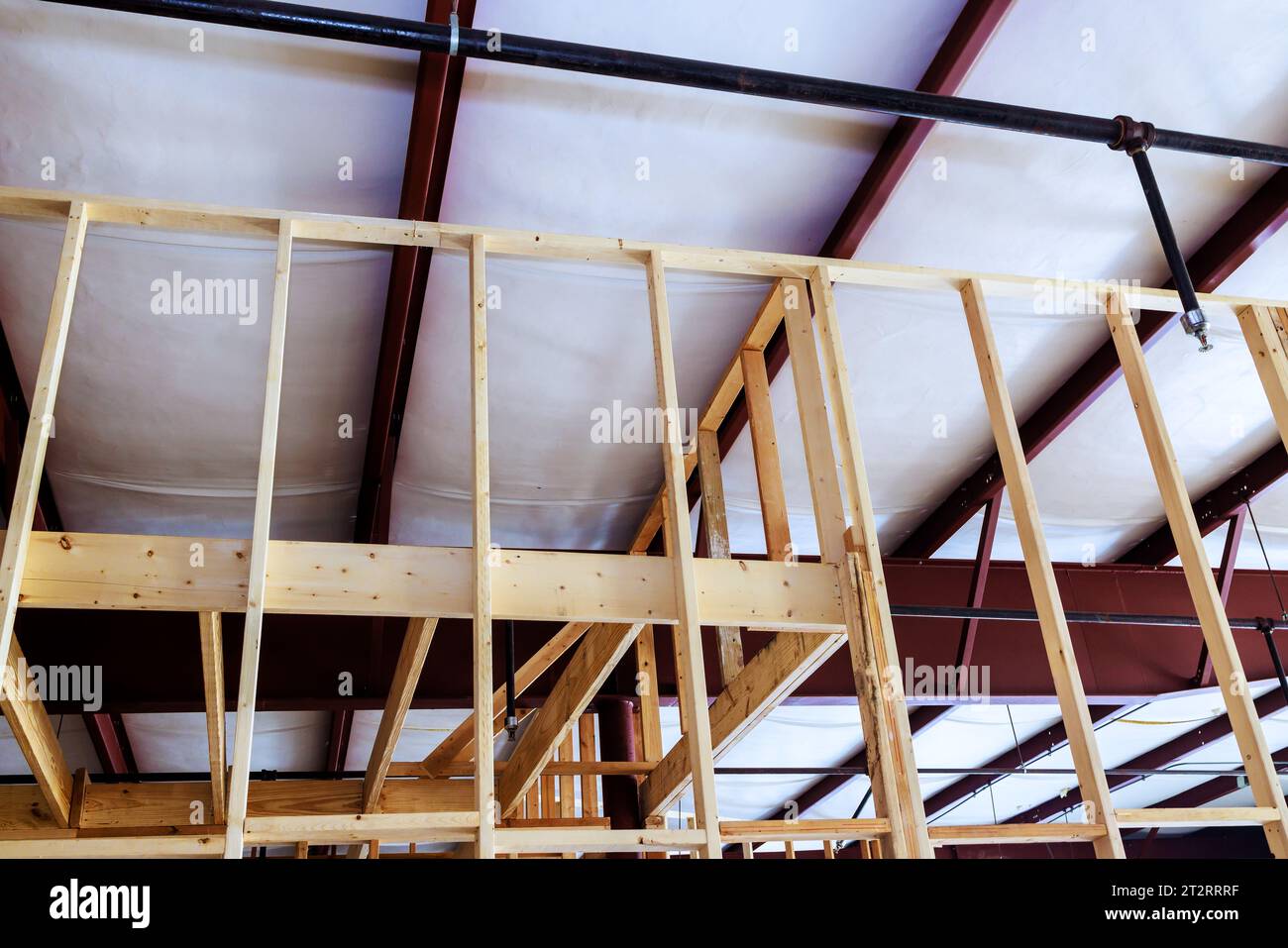 Construction roof structure of steel frame timber joists for large ...