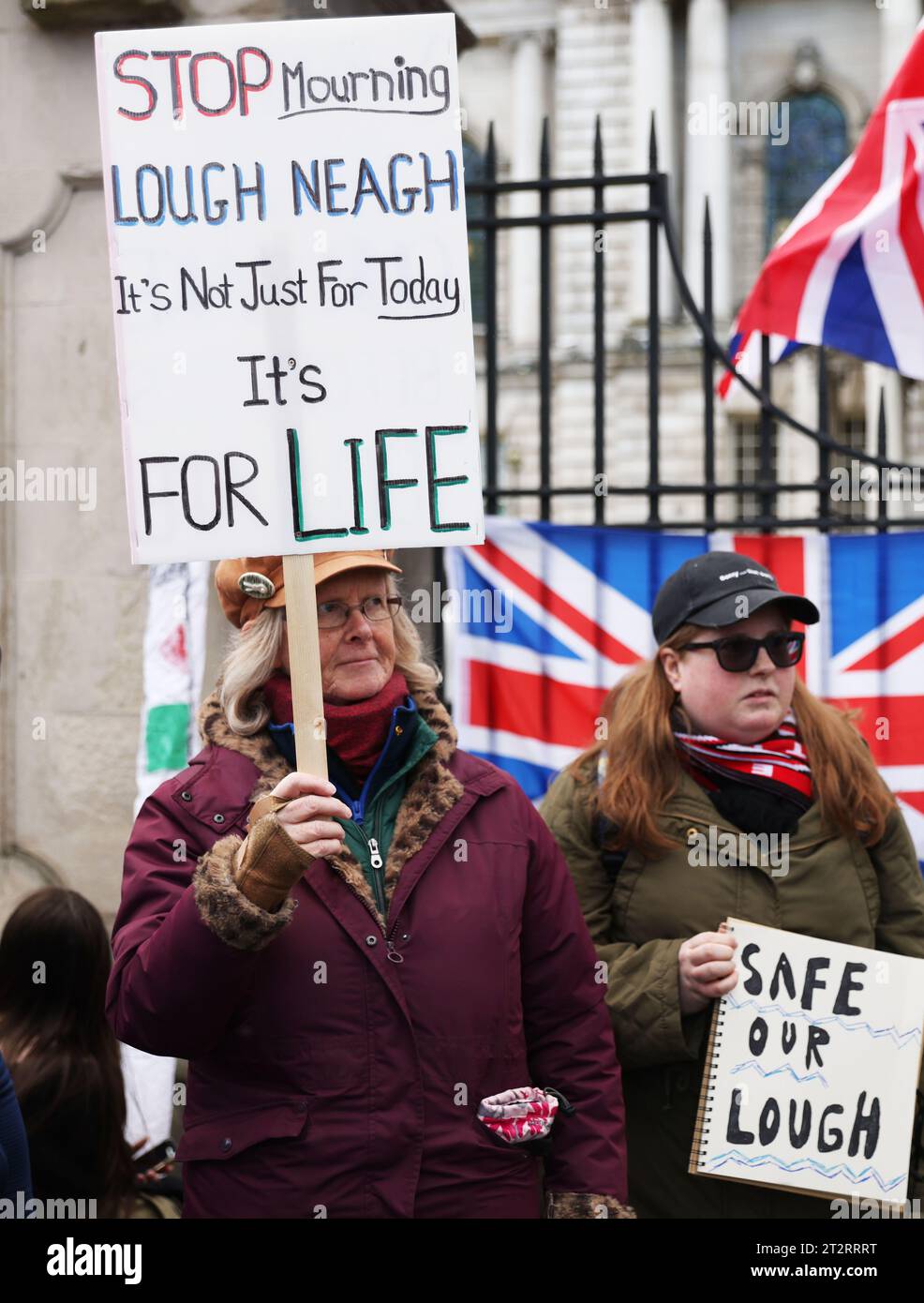 Save Lough Neagh protesters take part in a rally outside Belfast City ...