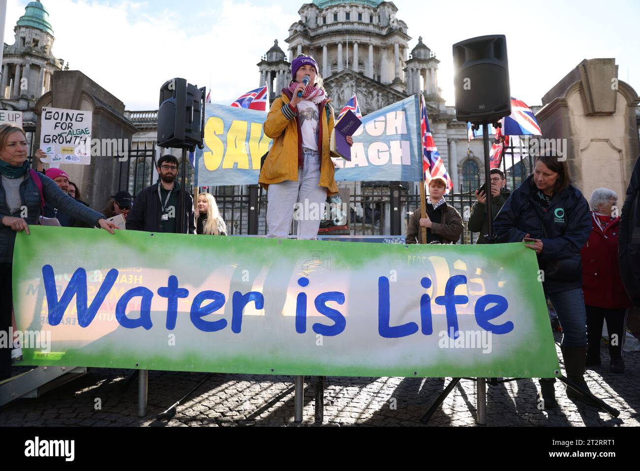 Save Lough Neagh protesters take part in a rally outside Belfast City ...