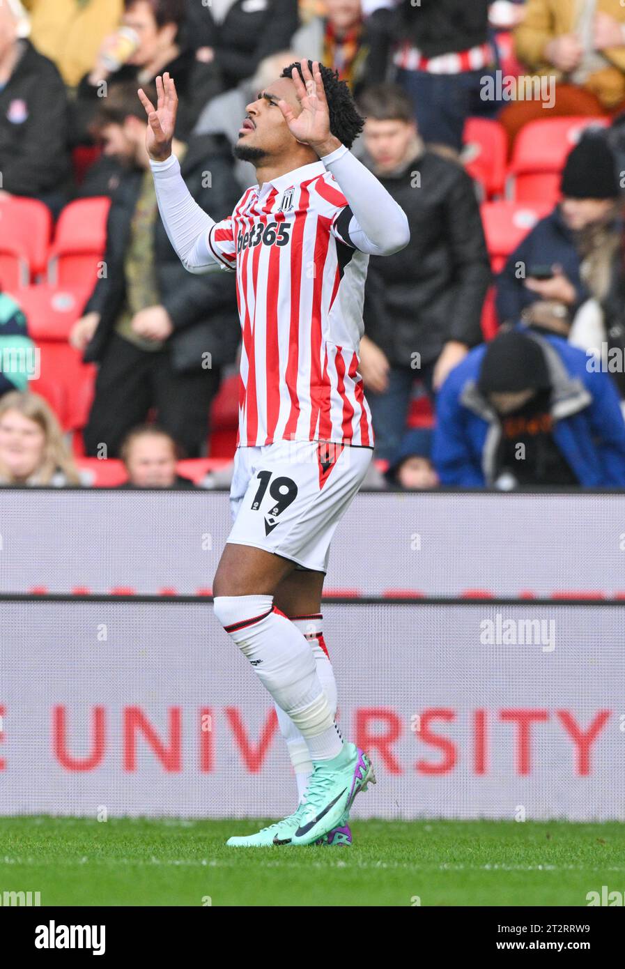 Ryan Mmaee 19# of Stoke City Football Club celebrates his goal and the ...