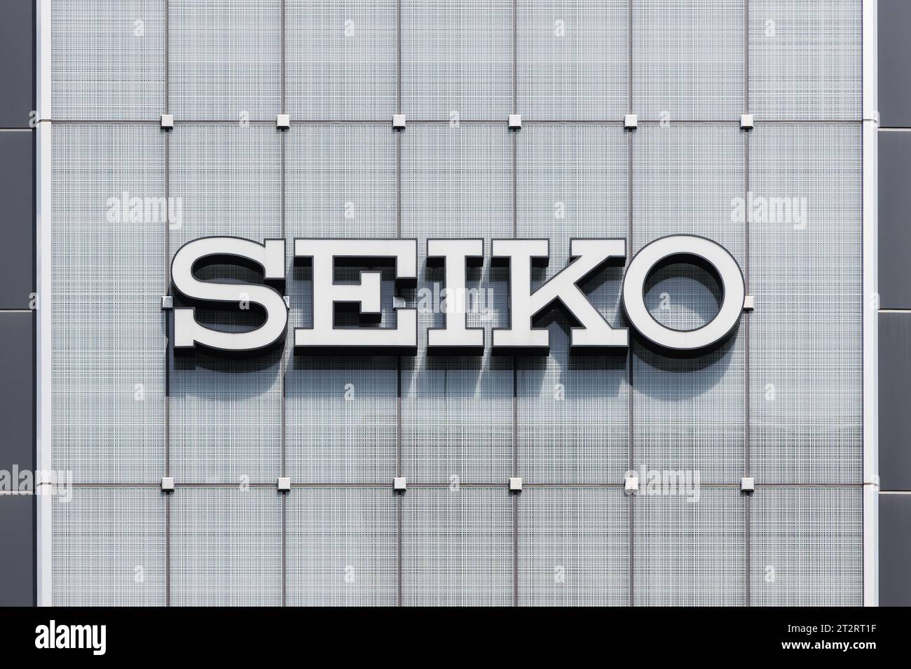 Tokyo, Japan - April 12, 2023: glass facade with lettering of the Seiko ...