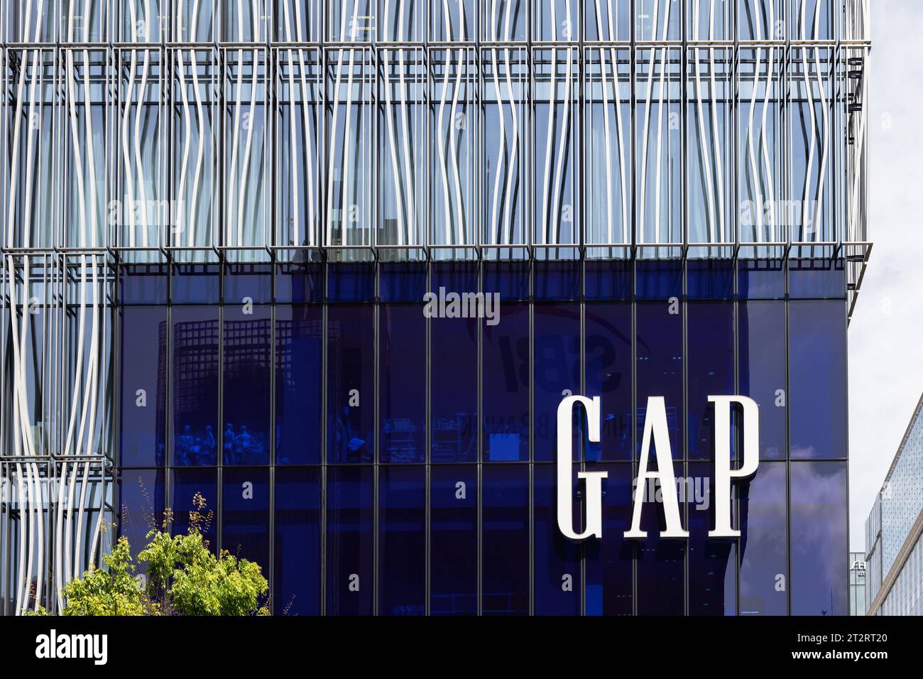 Tokyo, Japan - April 12, 2023: glass facade with lettering of the GAP ...