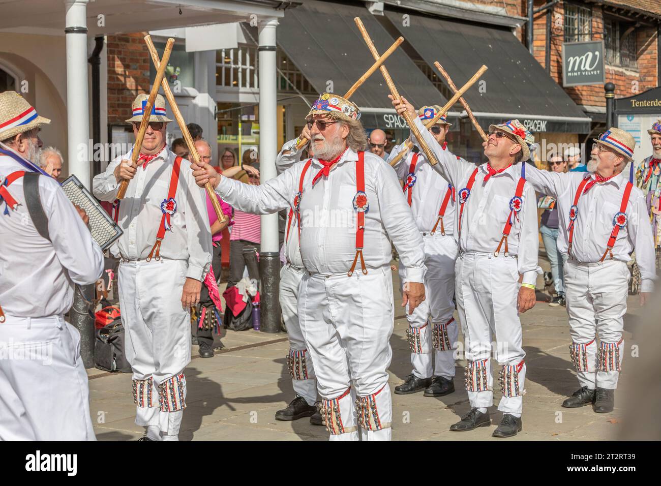 Morris dancers dressed in white at the Tenterden Folk Festival, Kent ...