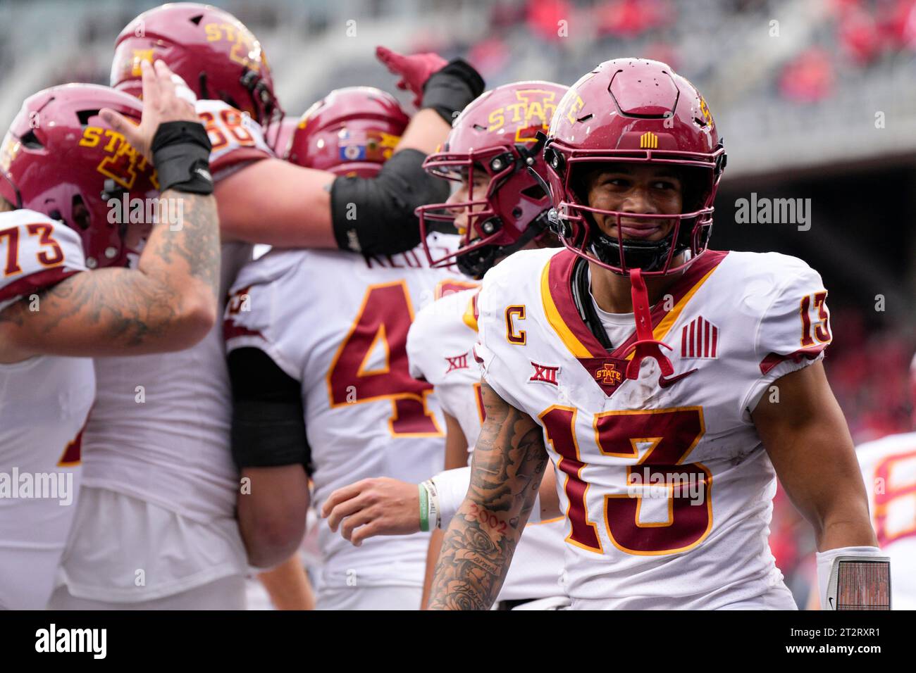 Iowa State's Jaylin Noel (13) reacts after a Stevo Klotz (49) touchdown ...