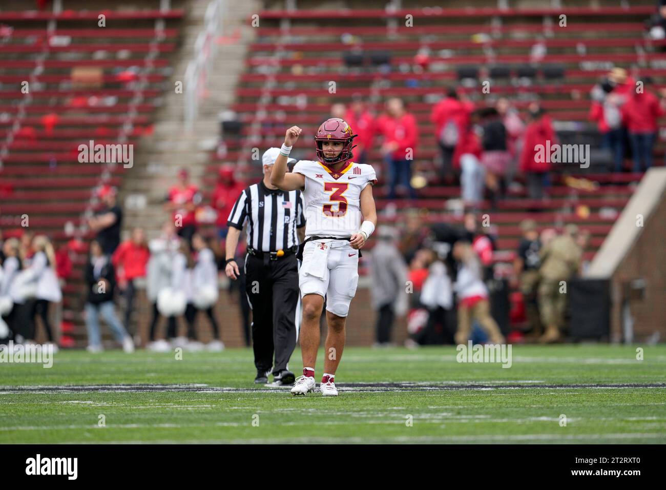 Iowa State quarterback Rocco Becht (3) gestures during an NCAA college ...