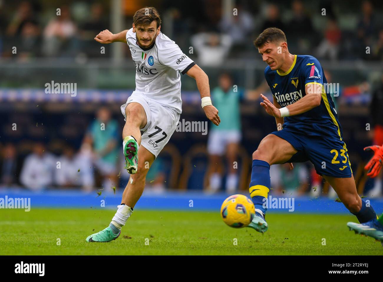 Verona, Italy. 21st Oct, 2023. Napoliâ€™s Khvicha Kvaratskhelia scores a goal 0-3 during Hellas ...