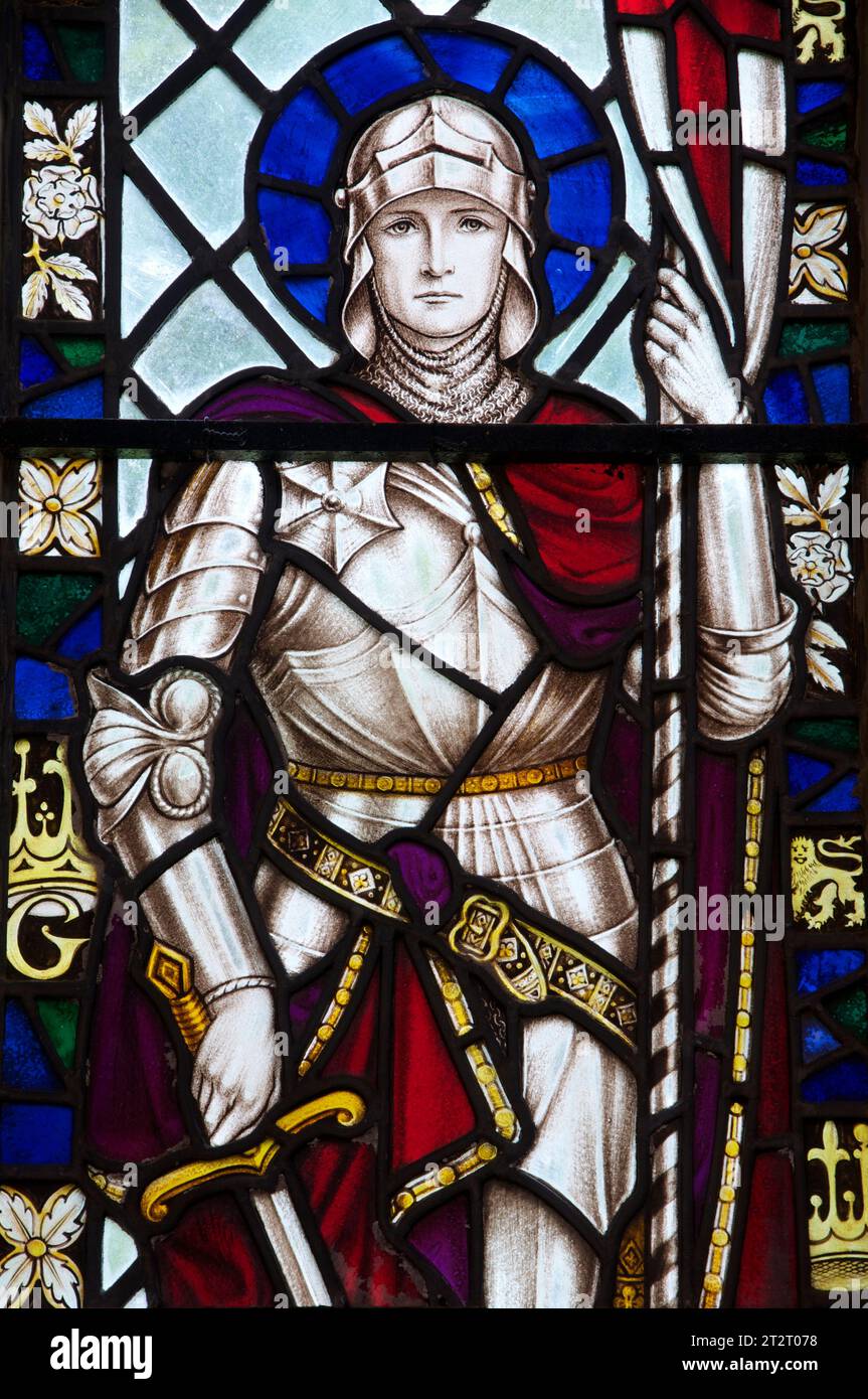 Victorian stained glass window portraying Saint George. In the the ...