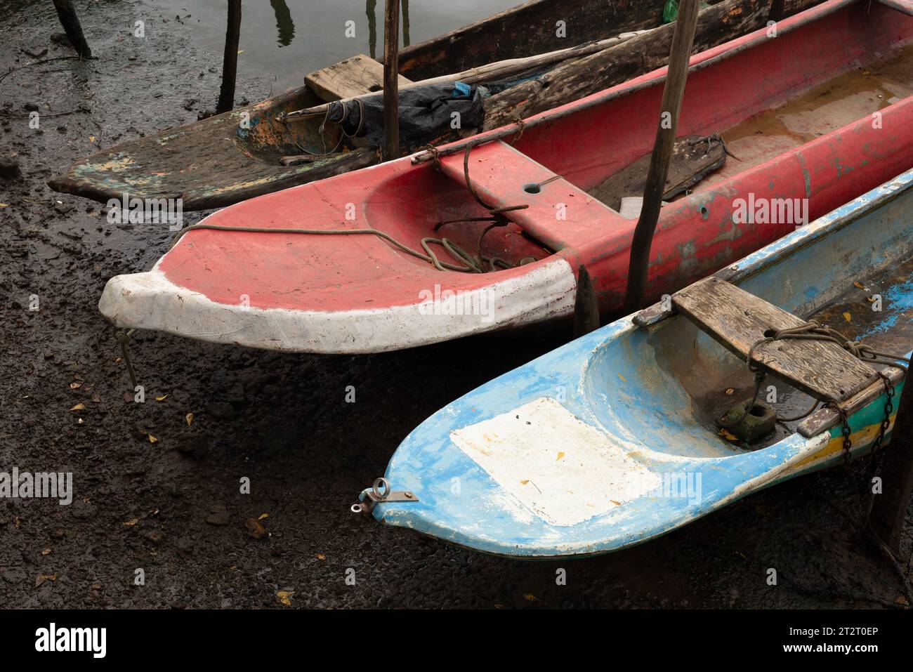 Detail of fishing and transport canoes docked on the river sand. Means ...