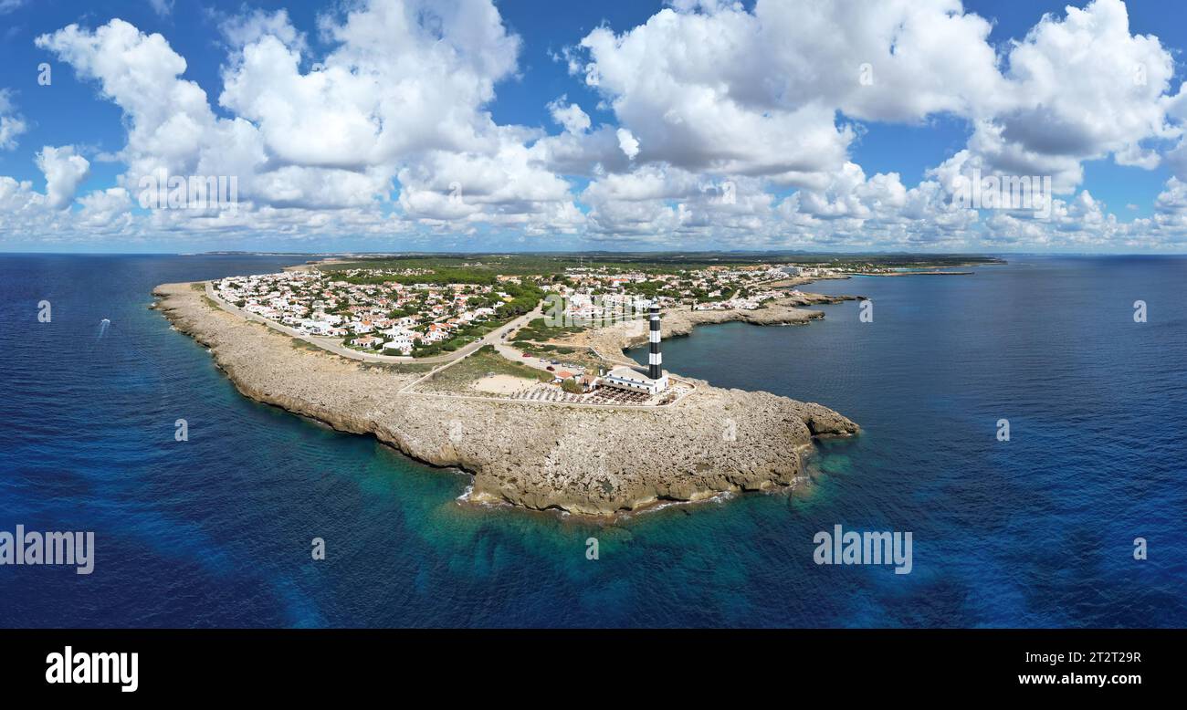 Aerial panoramic view of Artrutx Lighthouse at south coast of Menorca ...