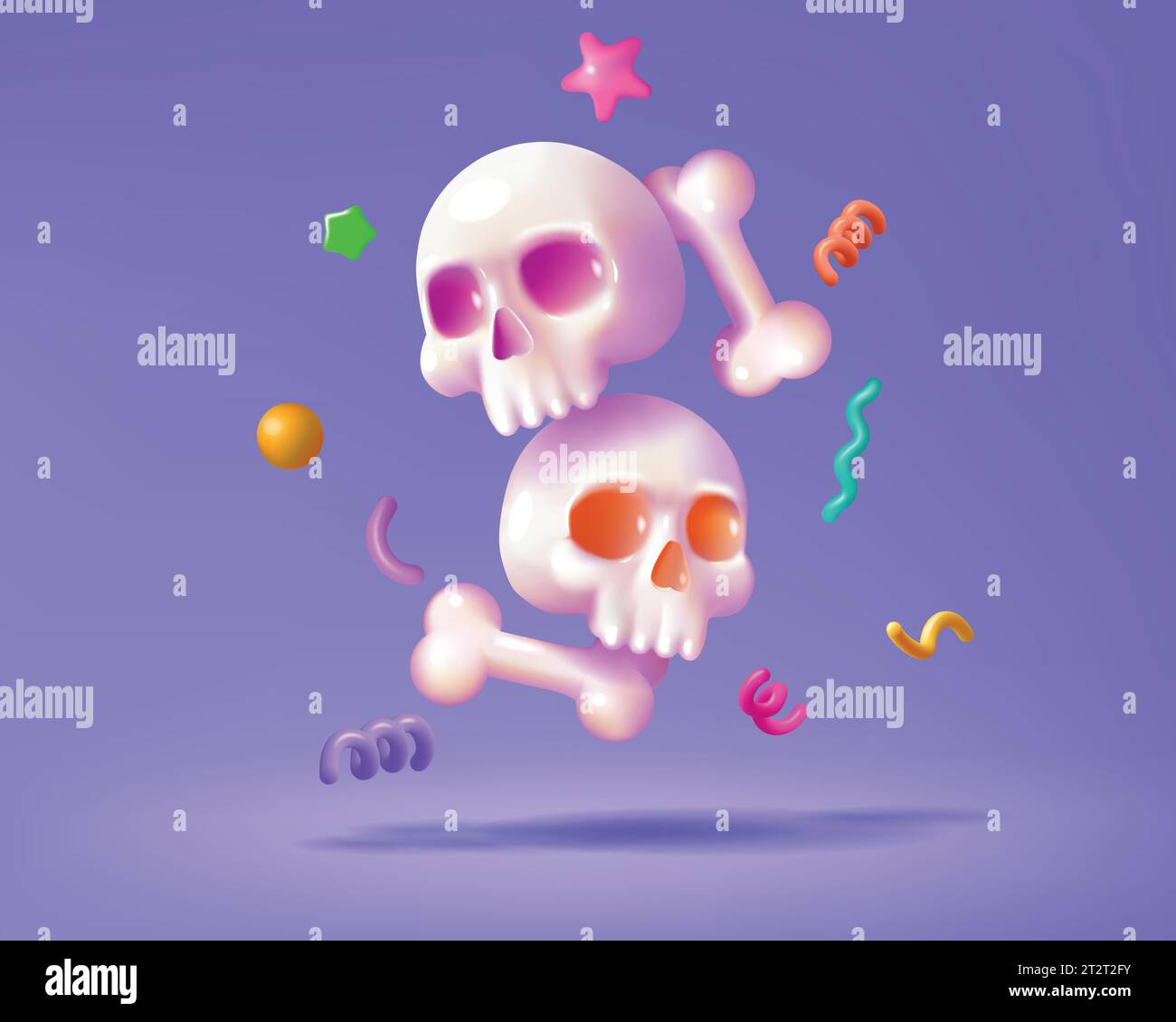 3D skull. Halloween bones. Confetti and stars. Carnival dead characters ...