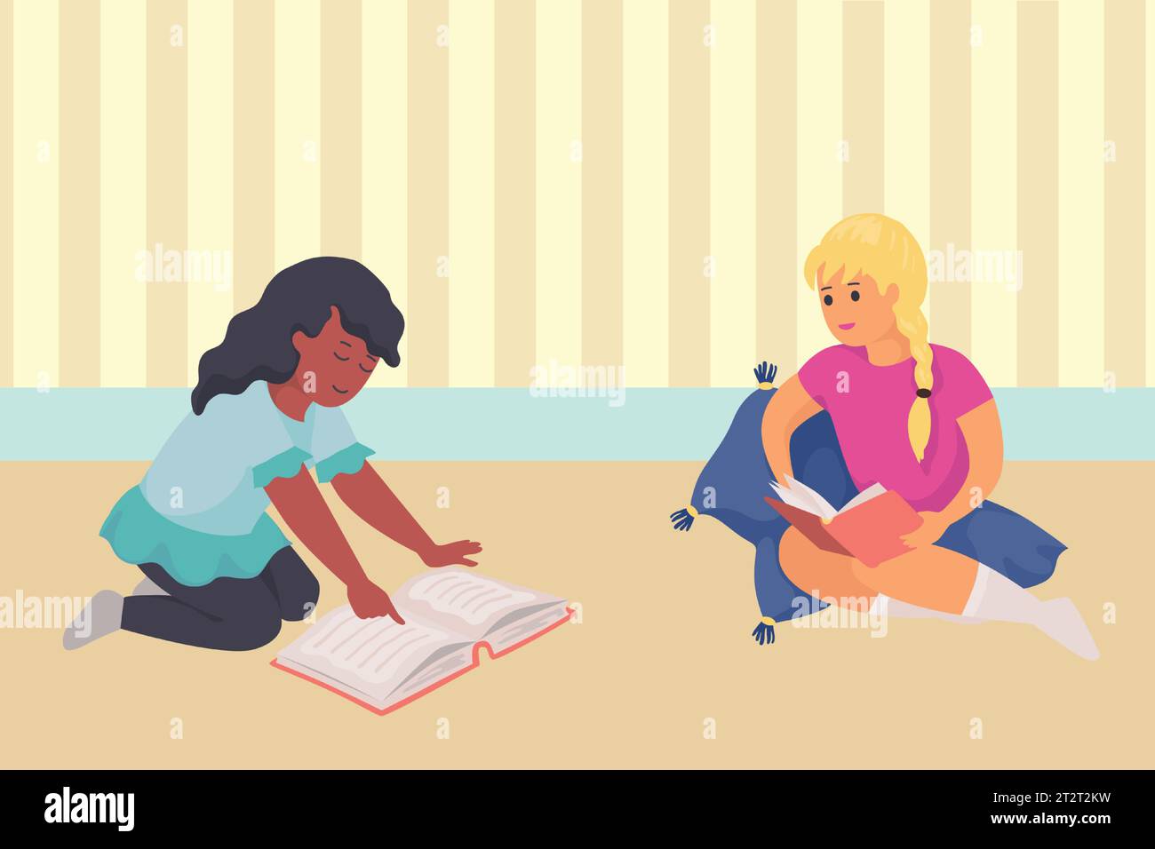 Reading children. Cartoon school characters sitting on floor with books ...