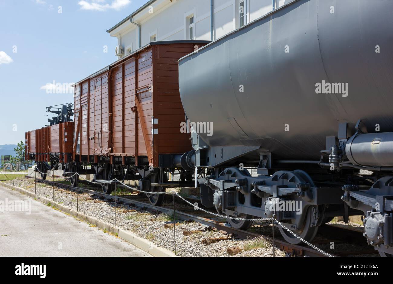 PIVKA, Slovenia - June 25, 2023: Close-up on the wagons of a military ...