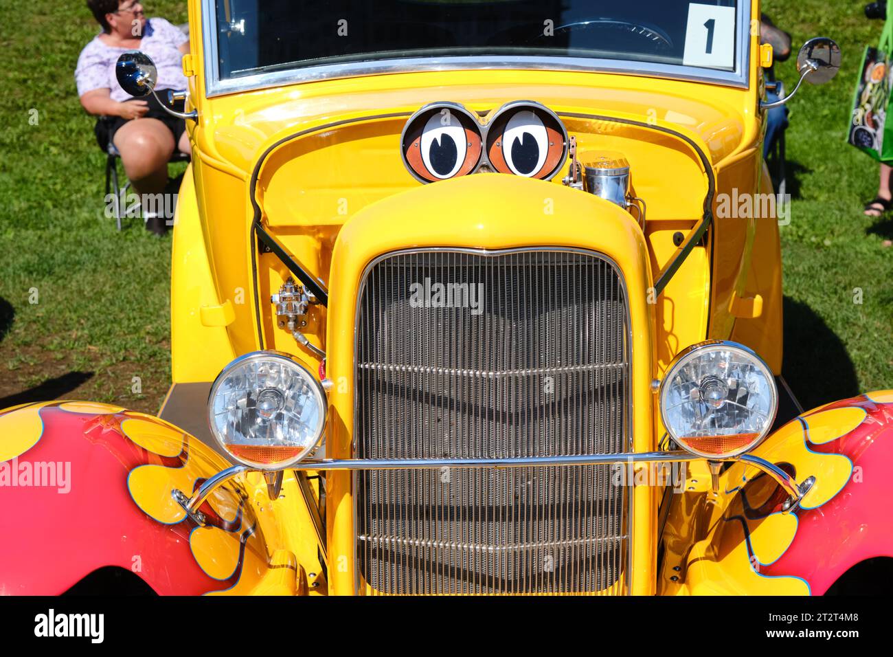 Funny bright Yellow hotrod car with eyes, part of rally for charity ...