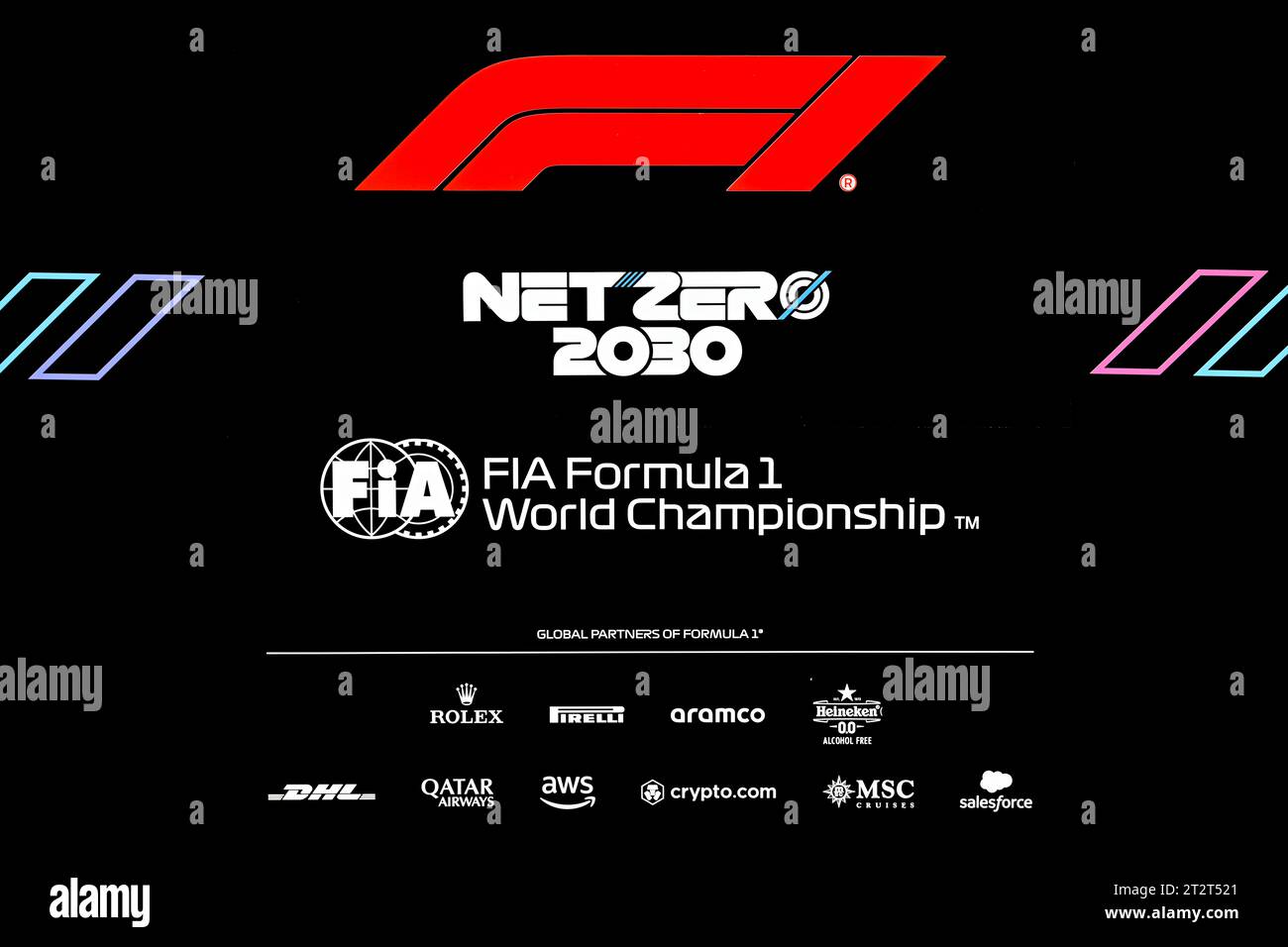 AUSTIN, TX - OCTOBER 20: F1 Netzero signage near the alley during the ...