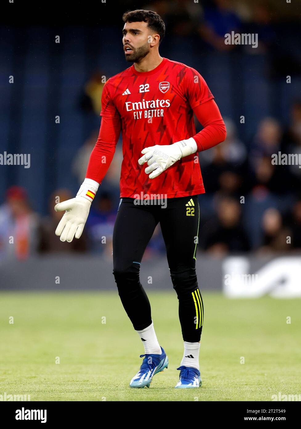 Arsenal goalkeeper David Raya warms up ahead of the Premier League ...