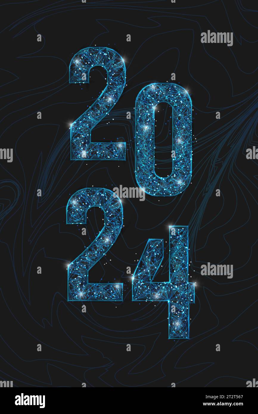 Abstract isolated blue image of new year number 2024. Polygonal low ...