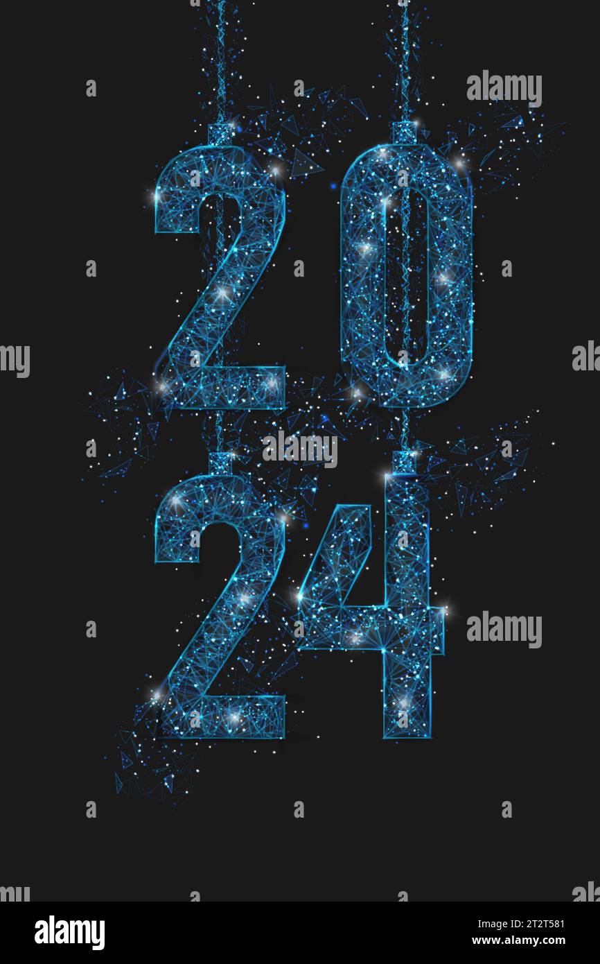 Abstract isolated blue image of new year number 2024. Polygonal low ...