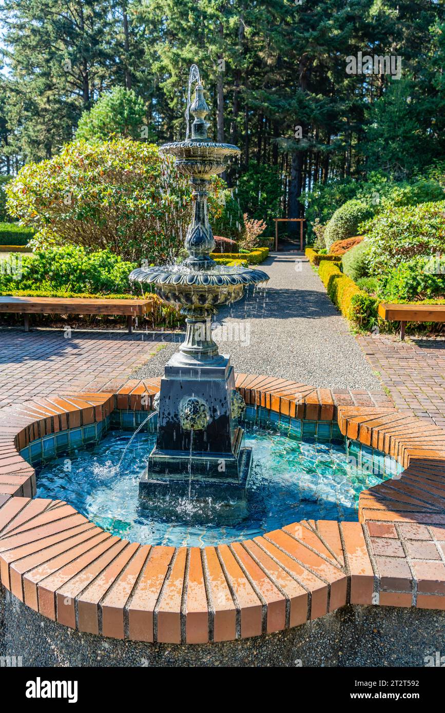 A view of a fountain at a gaden at Shore Acres State Park in Oregon ...