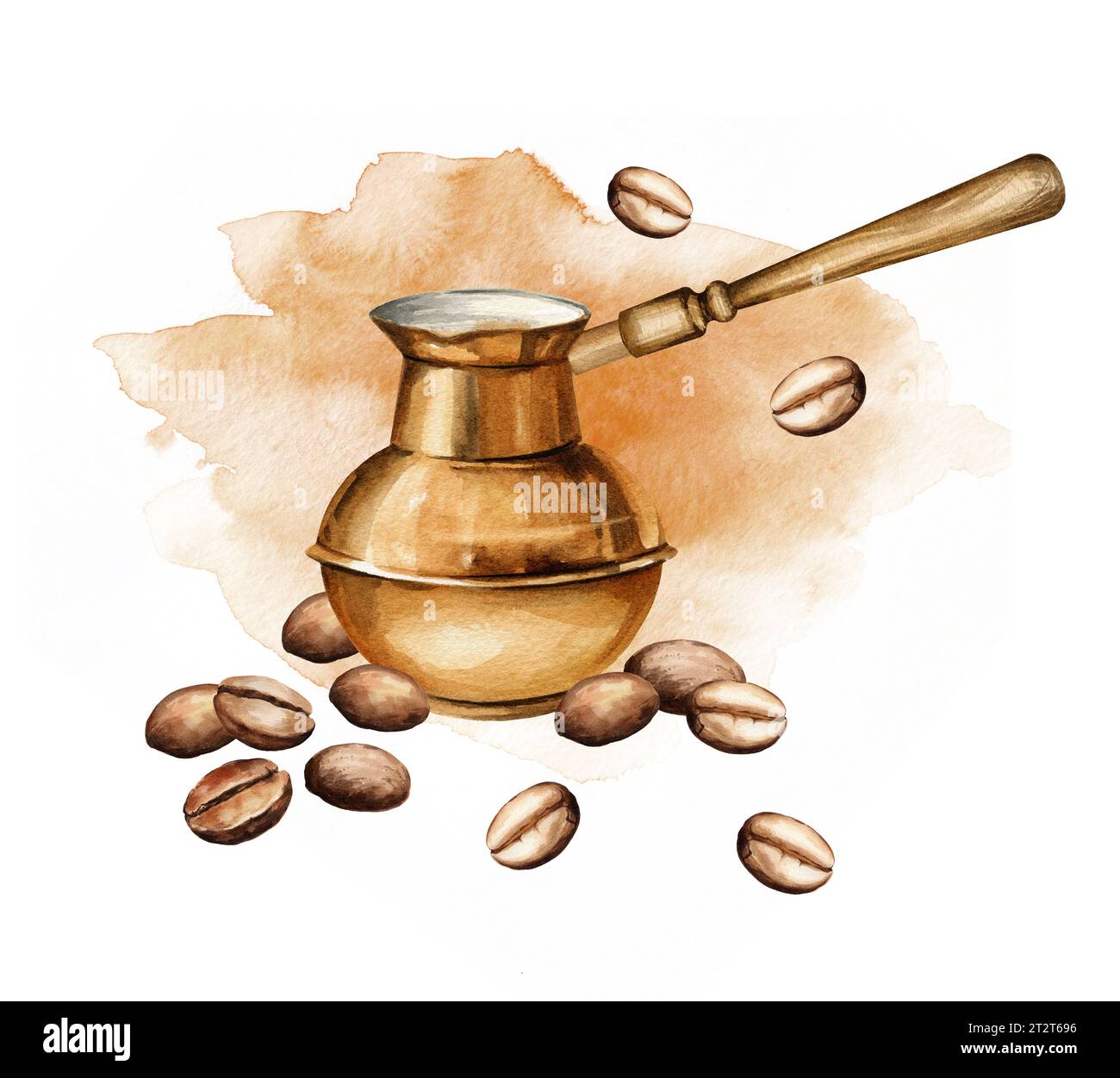 watercolor composition with Turkish coffee pot, coffee seeds, hand ...