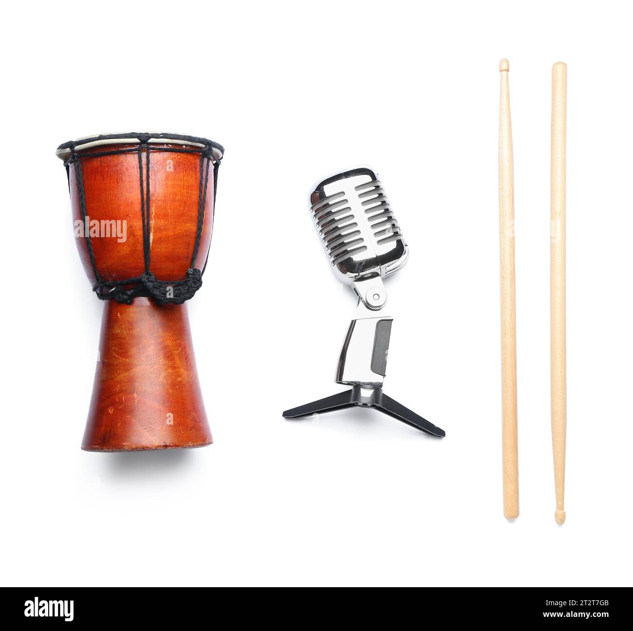 Different musical instruments and microphone on white background Stock ...