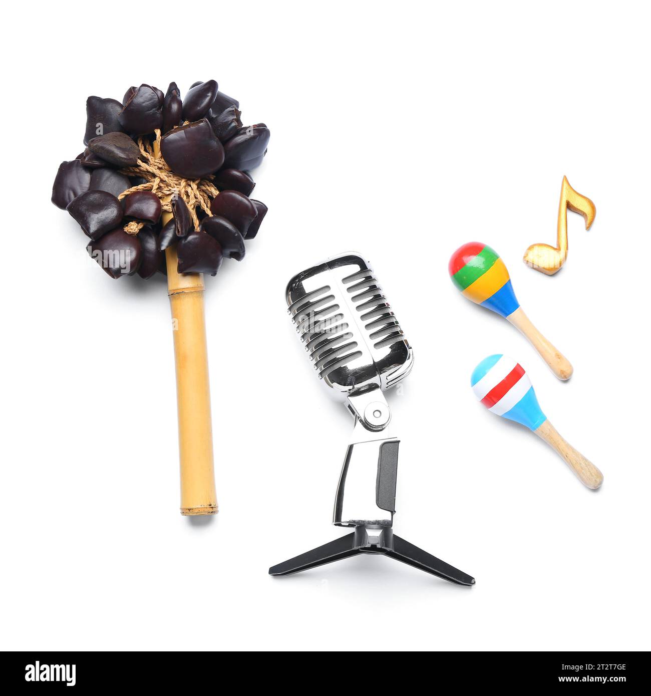 Different musical instruments and microphone on white background Stock ...