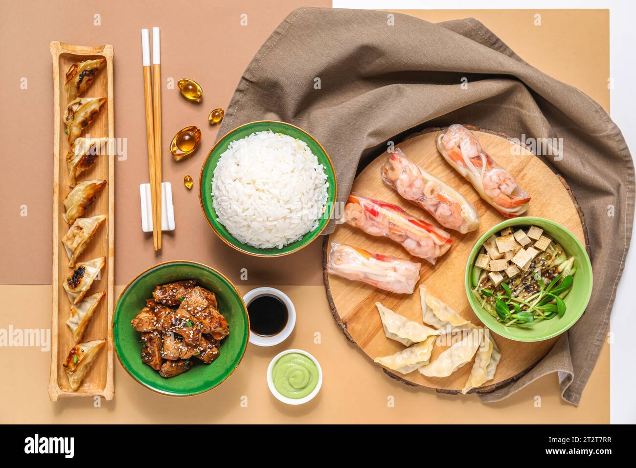 Composition with different Chinese dishes on color background Stock ...