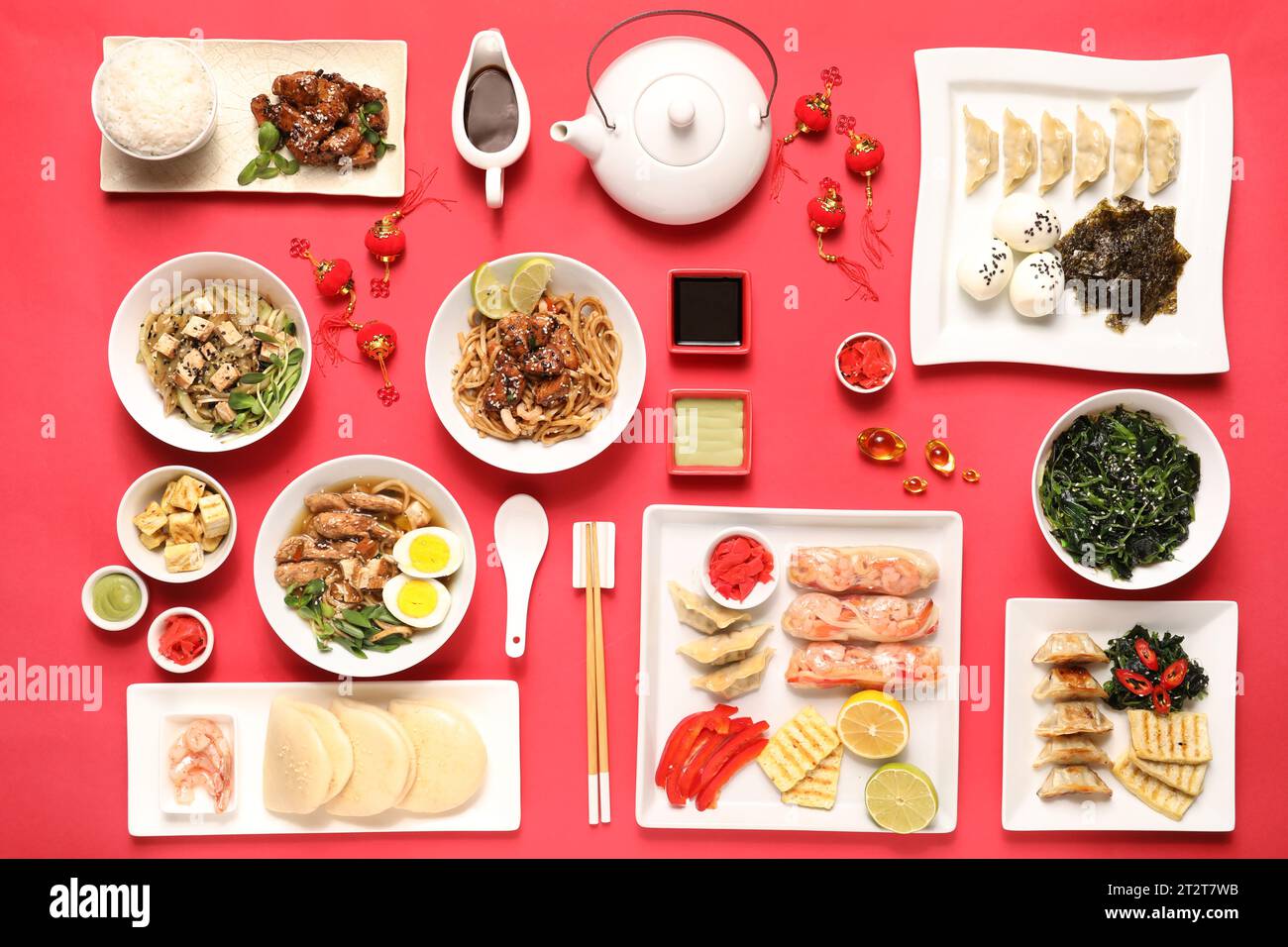 Composition with different Chinese food on red background Stock Photo ...