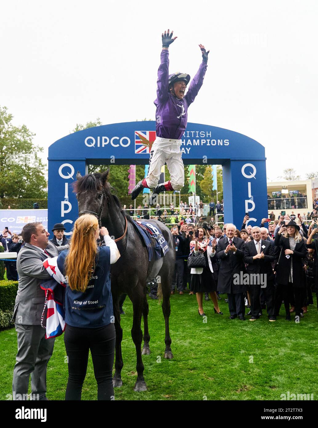 Jockey Frankie Dettori jumps off of King Of Steel as he celebrates ...