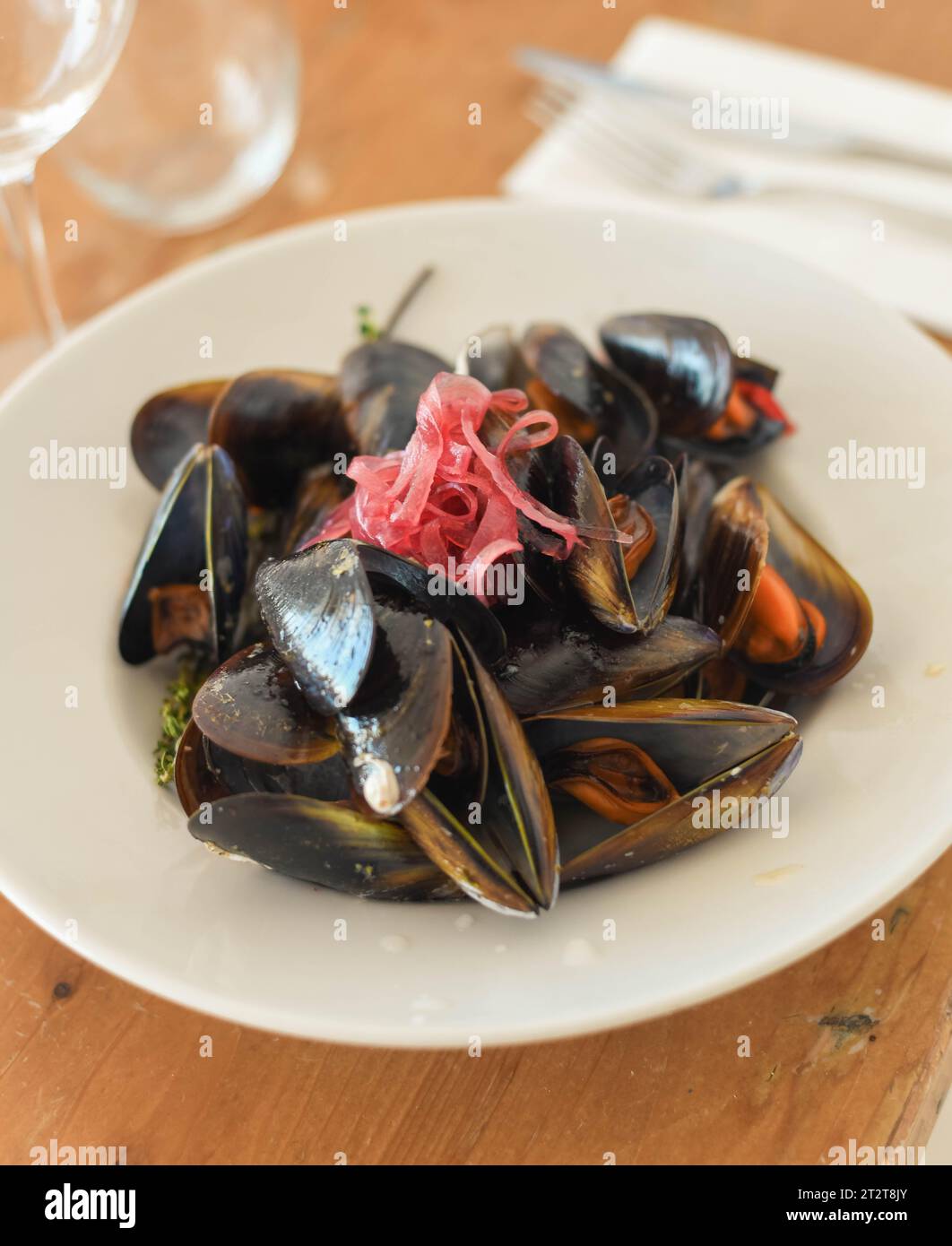 Gourmet portion of Galician mussels in a European seafood restaurant ...