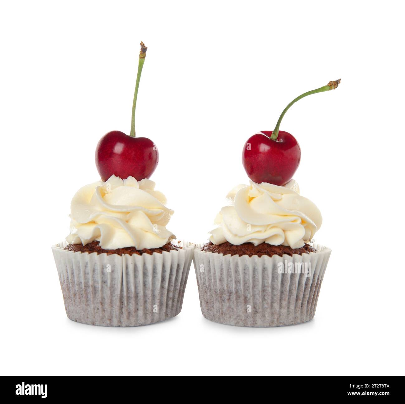 Tasty cherry cupcakes on white background Stock Photo - Alamy