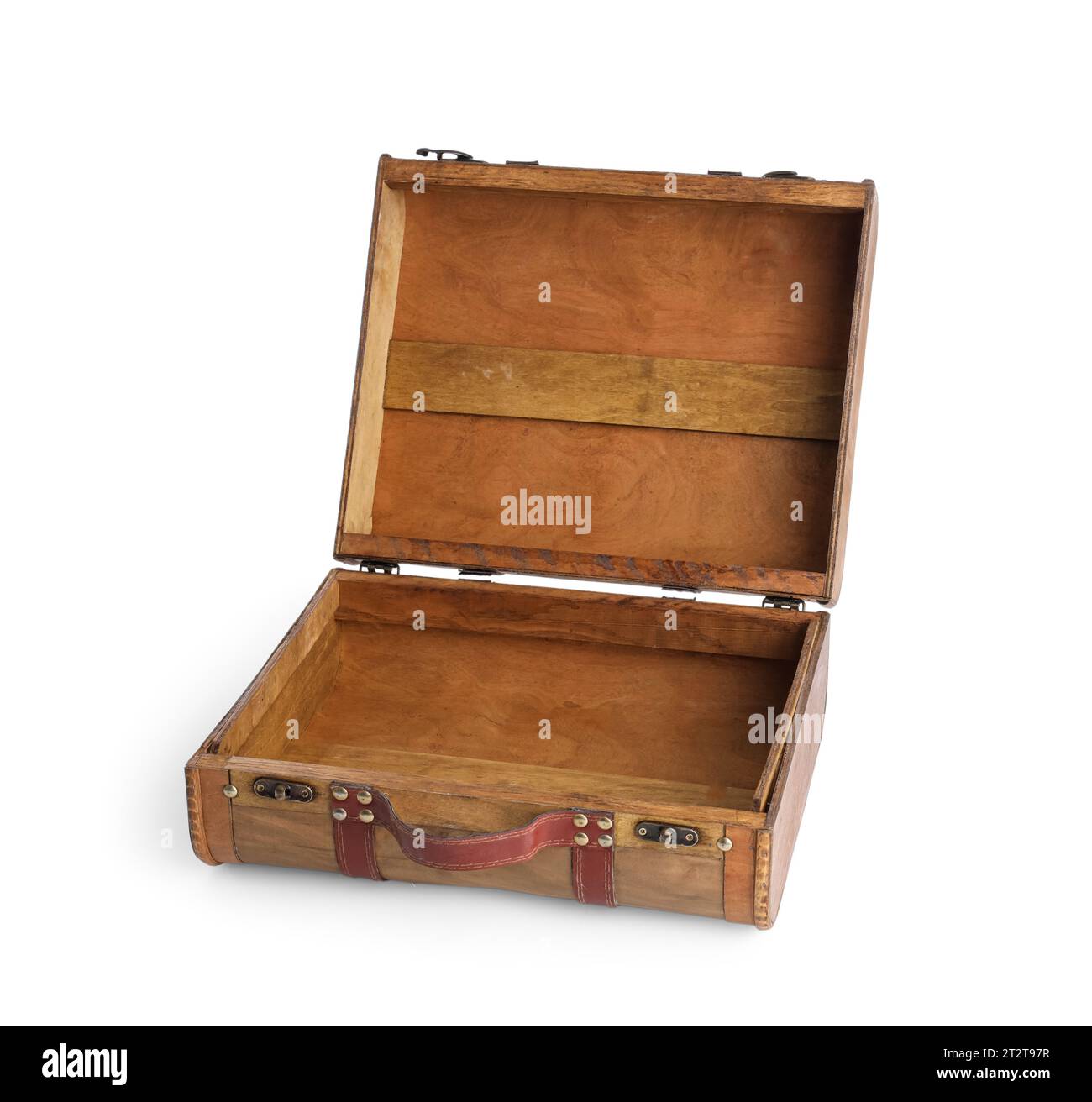 Open wooden suitcase isolated on white background Stock Photo - Alamy