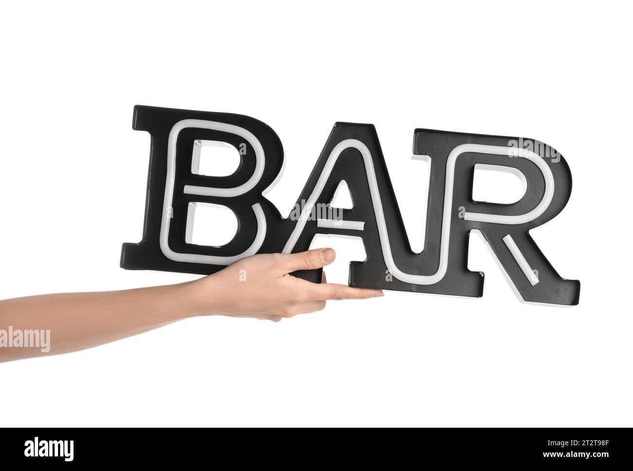 Female hand holding sign BAR on white background Stock Photo - Alamy