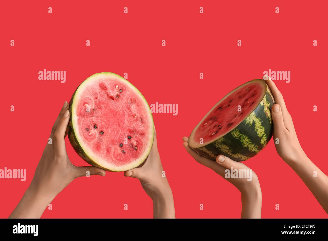 Female hands with halves of ripe watermelon on red background Stock ...