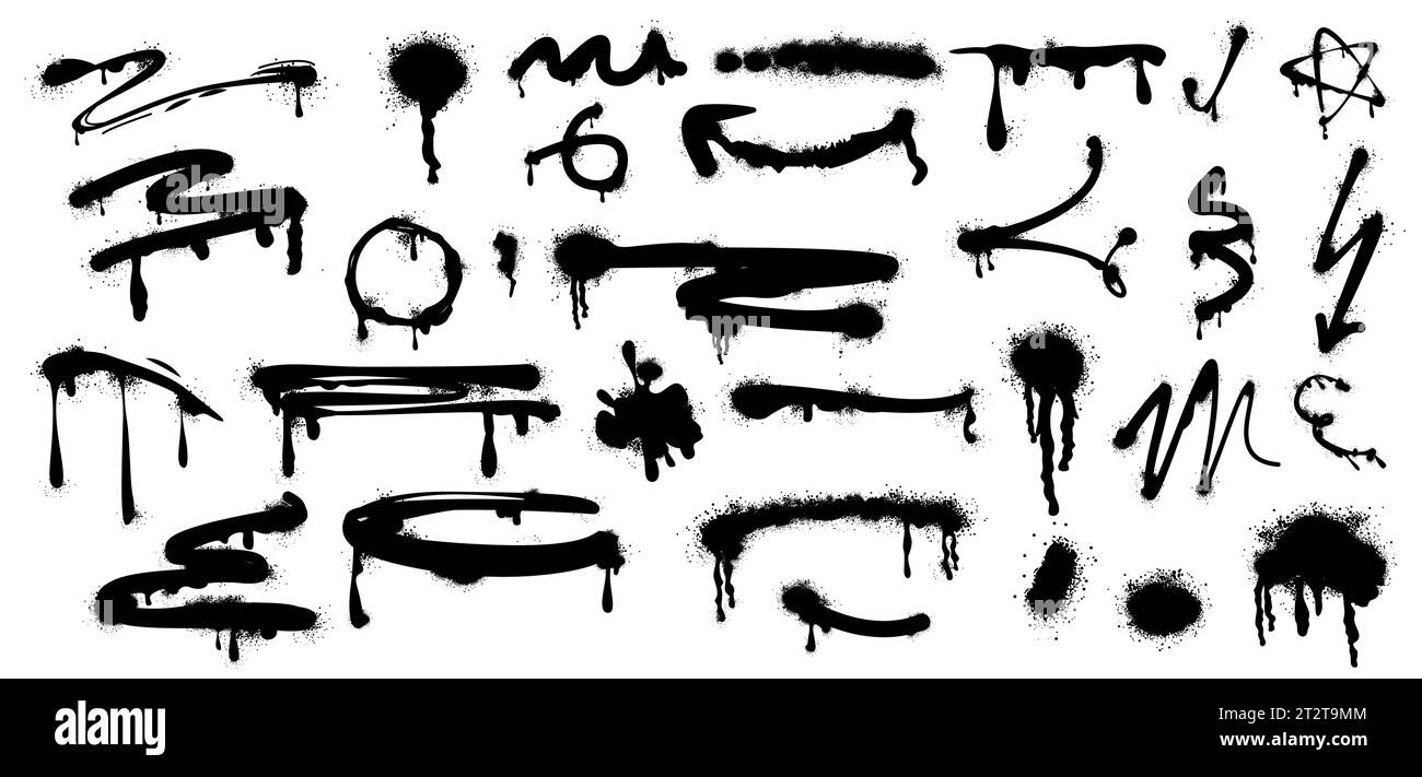 Spray paint drips, straight and curved lines. Black ink splatters, inky ...