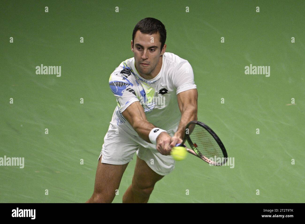 Laslo Djere of Serbia in action during the semifinal against Gael ...