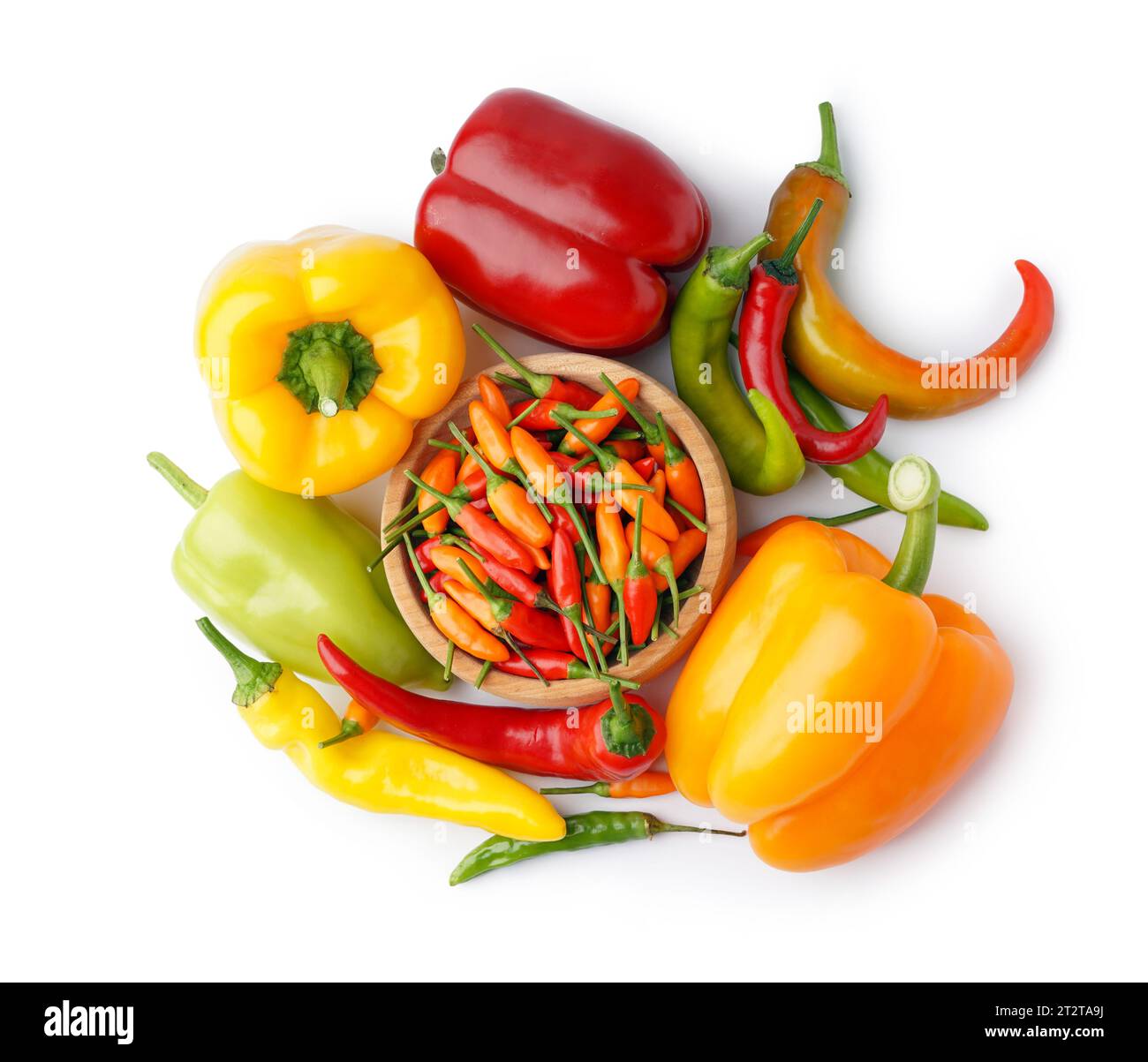 Chili and bell peppers with wooden bowl on white background Stock Photo ...
