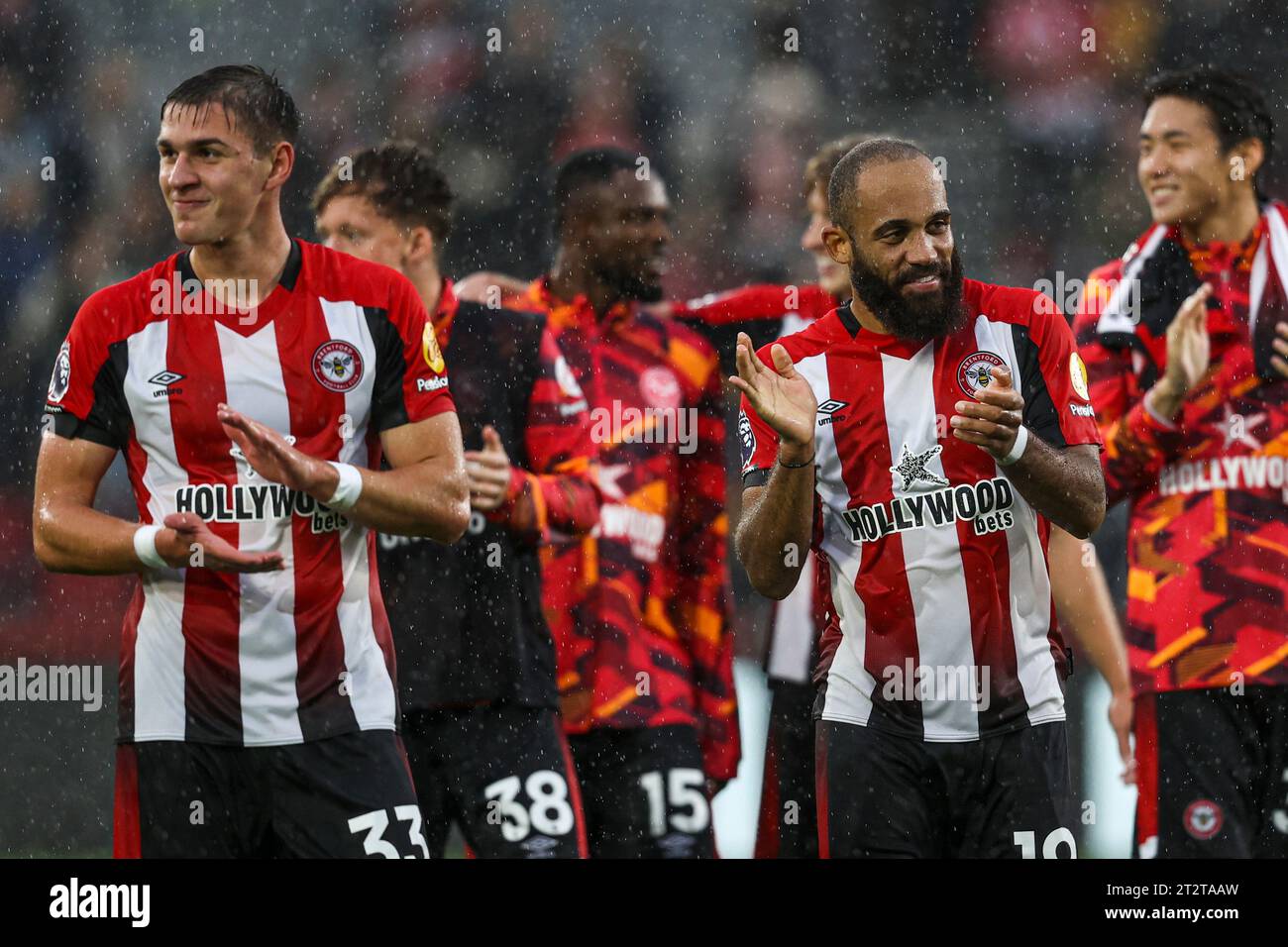Brentford's Yehor Yarmolyuk (left) and Bryan Mbeumo celebrate after the ...