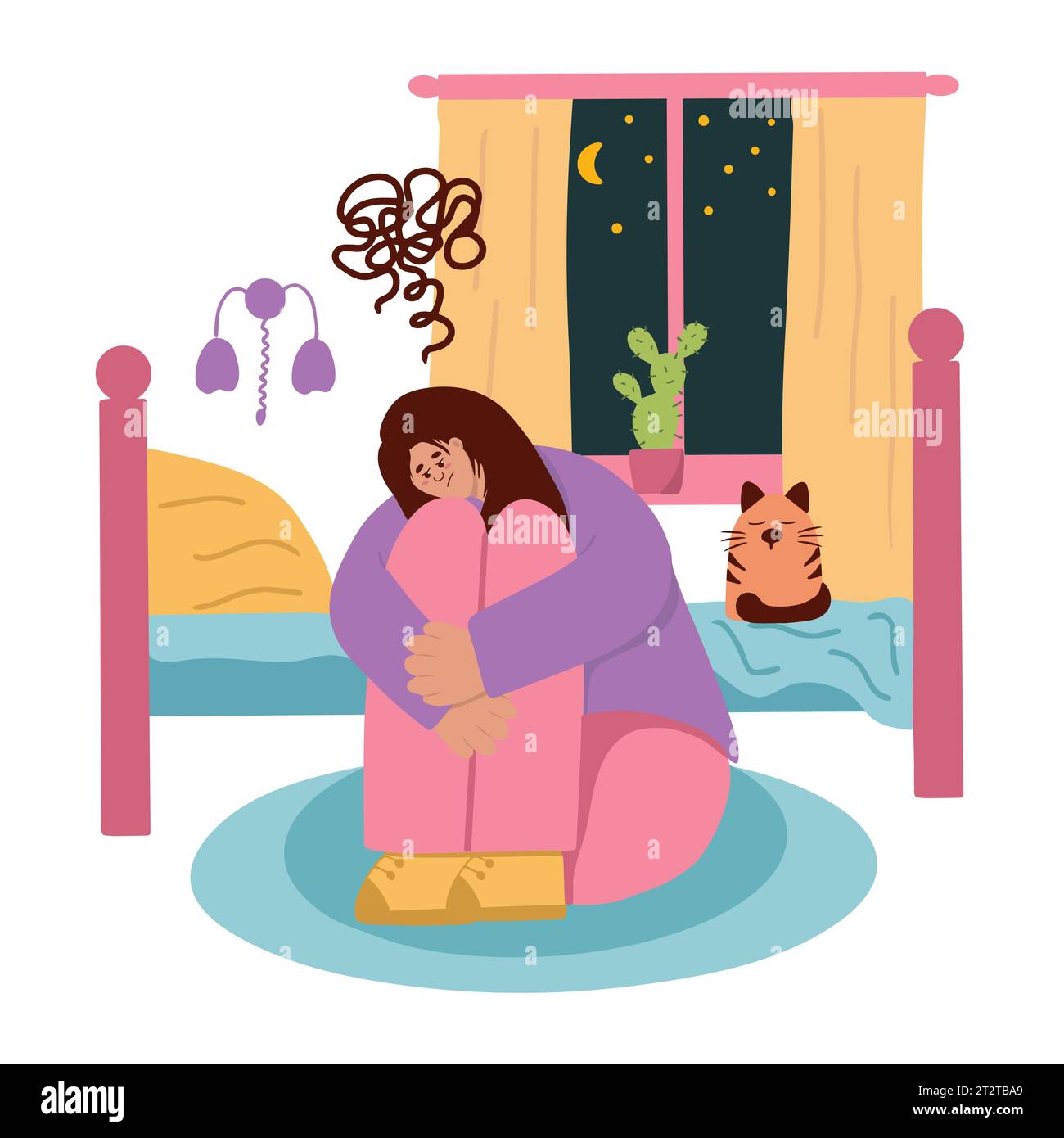 Depression. A sad girl sits in a room with bad thoughts in her head ...