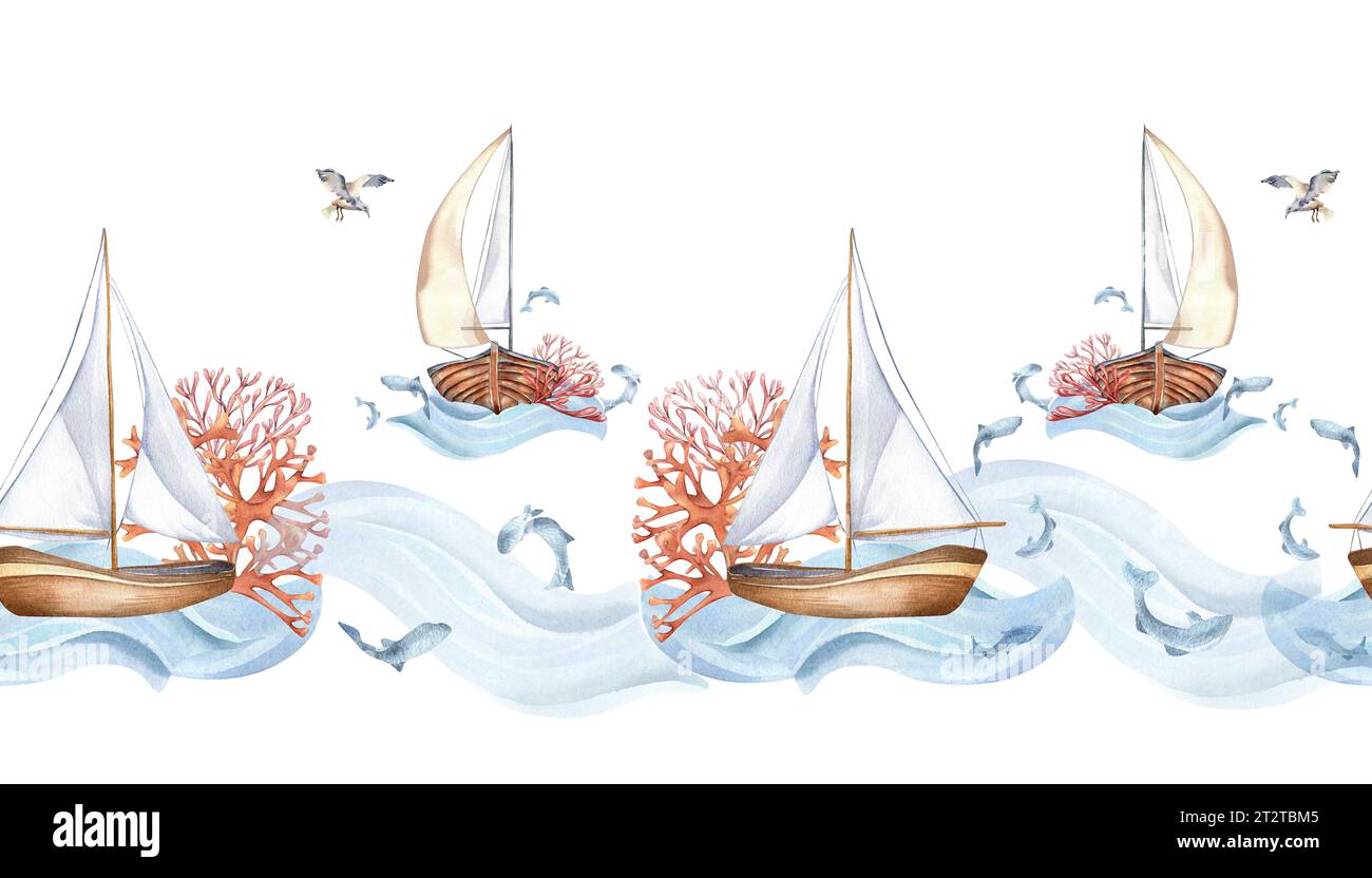 Seamless maritime watercolor border. Hand drawn ships with seaweed and ...