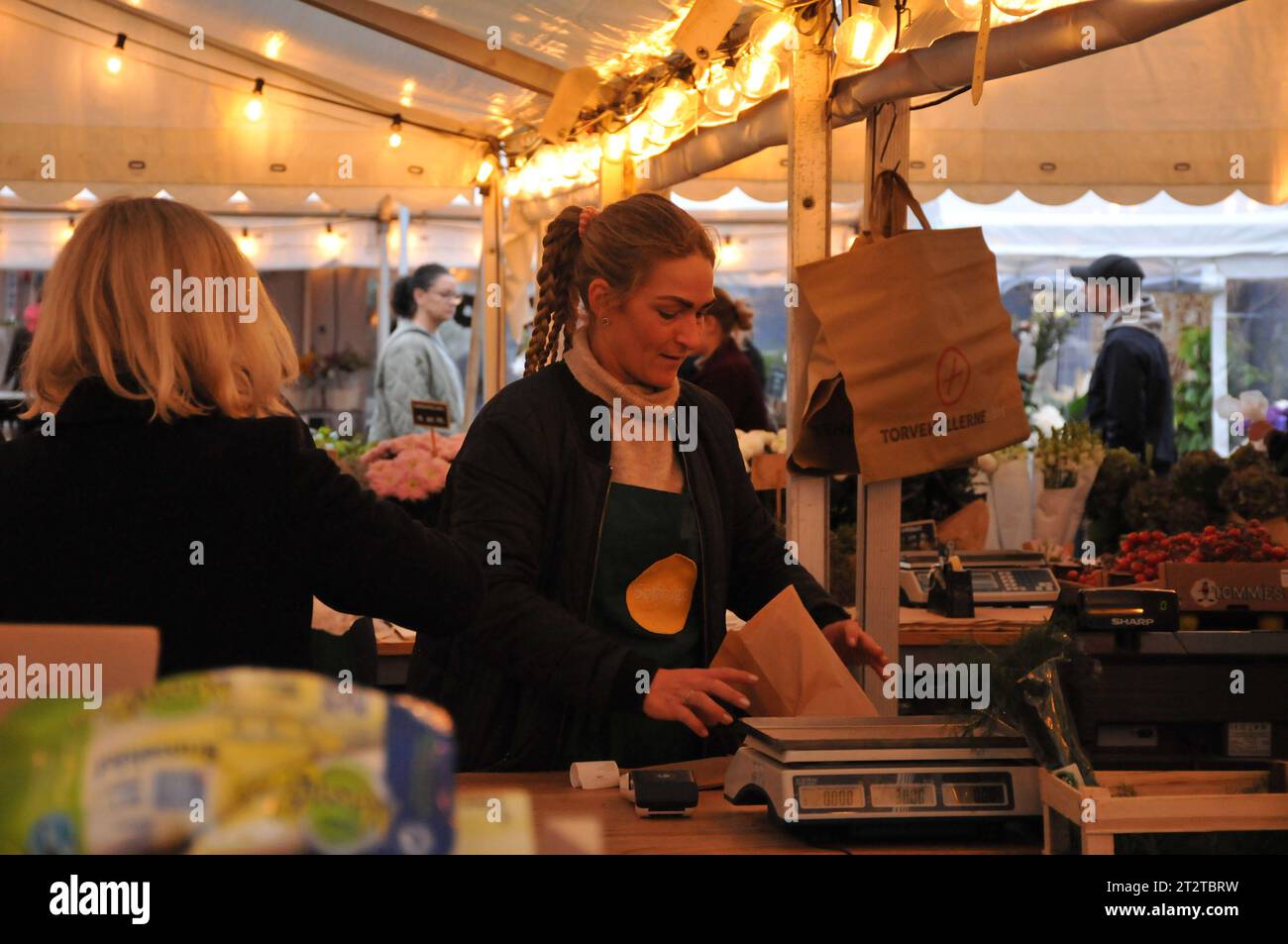 Copenhagen, Denmark /21 October. 2023/Shoppers at farmers market or ...