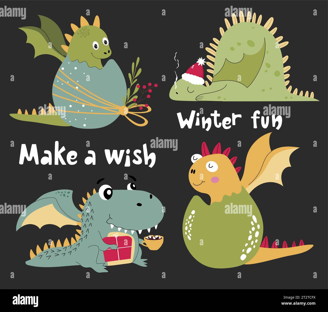 Set of four cartoon hand drawn dragons. Happy baby dragons in the egg ...