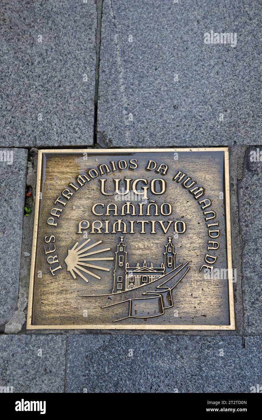 LUGO, October 4, 2023 : A plate on the ground indicates Lugo is on the ...