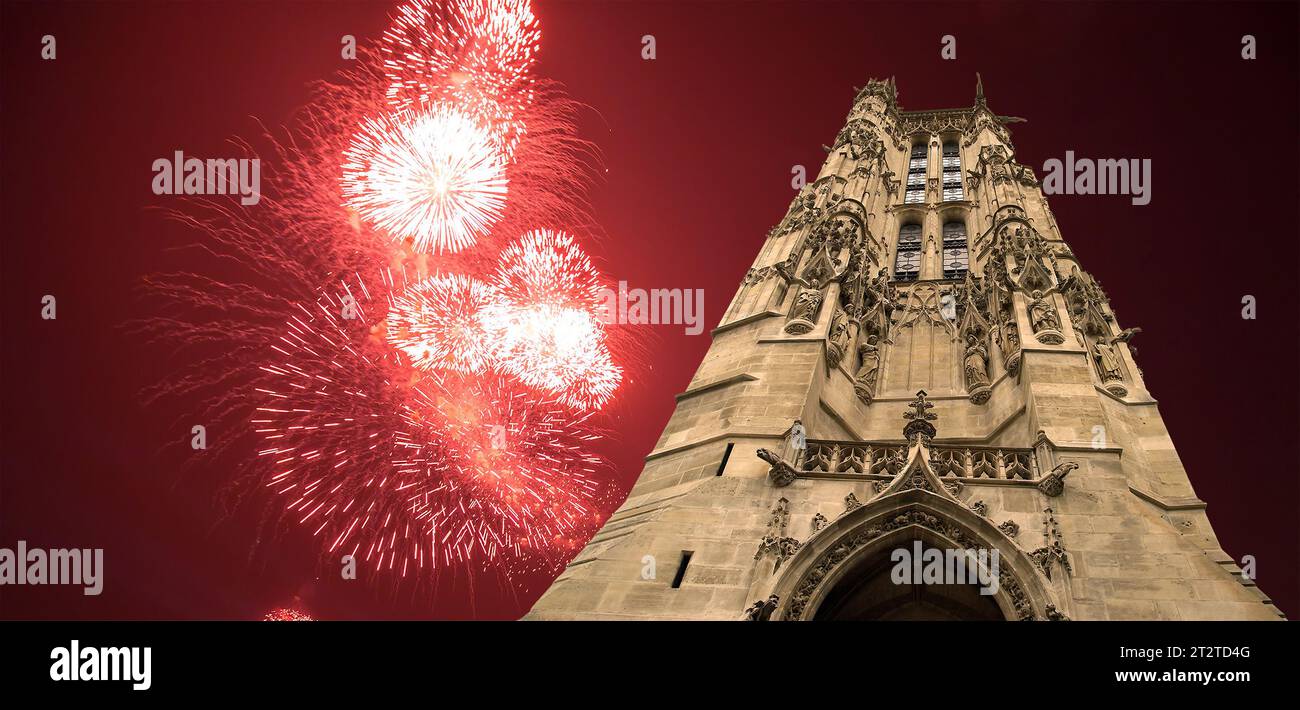Celebratory colorful fireworks over the Saint-Jacques Tower (Tour Saint ...