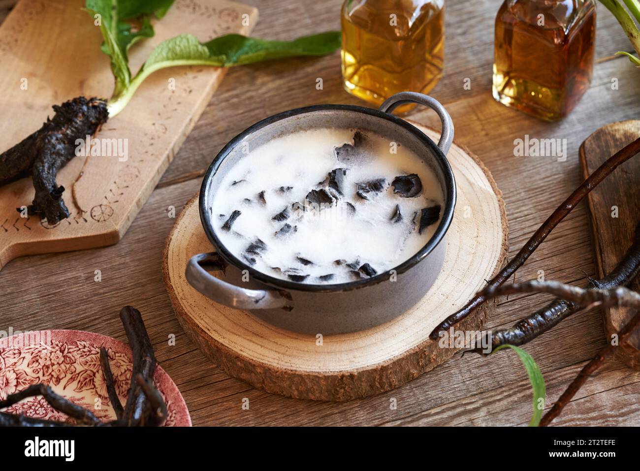 Preparation of comfrey root ointment from fresh sliced comfrey root and ...