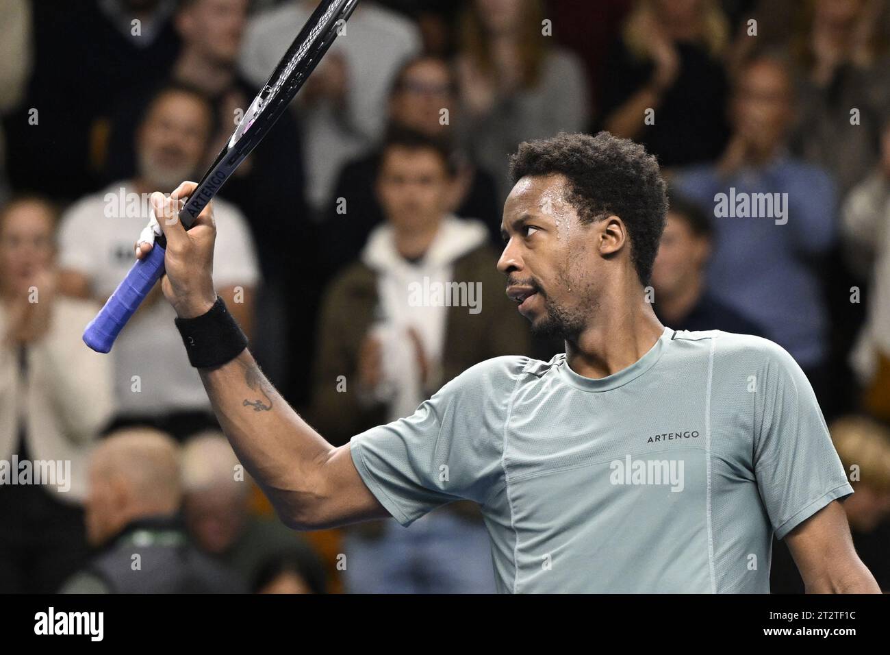Stockholm, Sweden. 21st Oct, 2023. Gael Monfils of France gestures after winning the semifinal ...