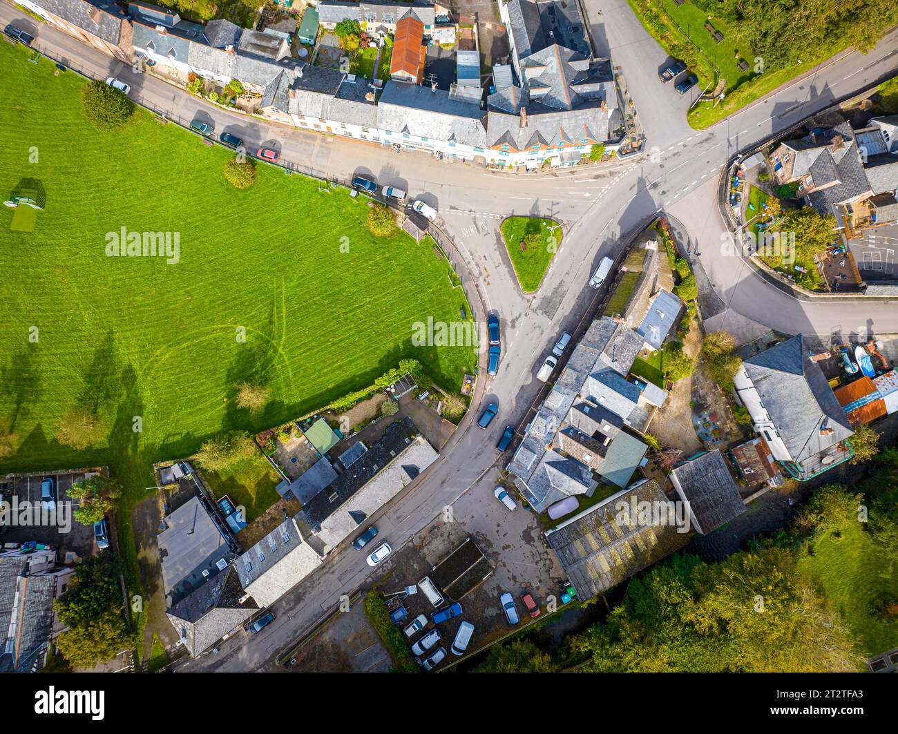 Aerial view of the heart of Exmoor - the village of Exford on the river ...