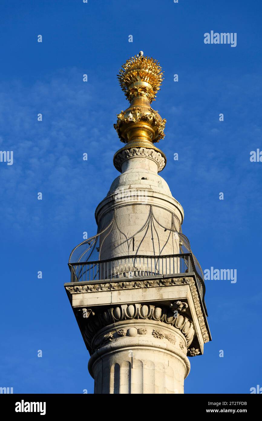The top of the Monument to the Great Fire of London, commonly known as ...