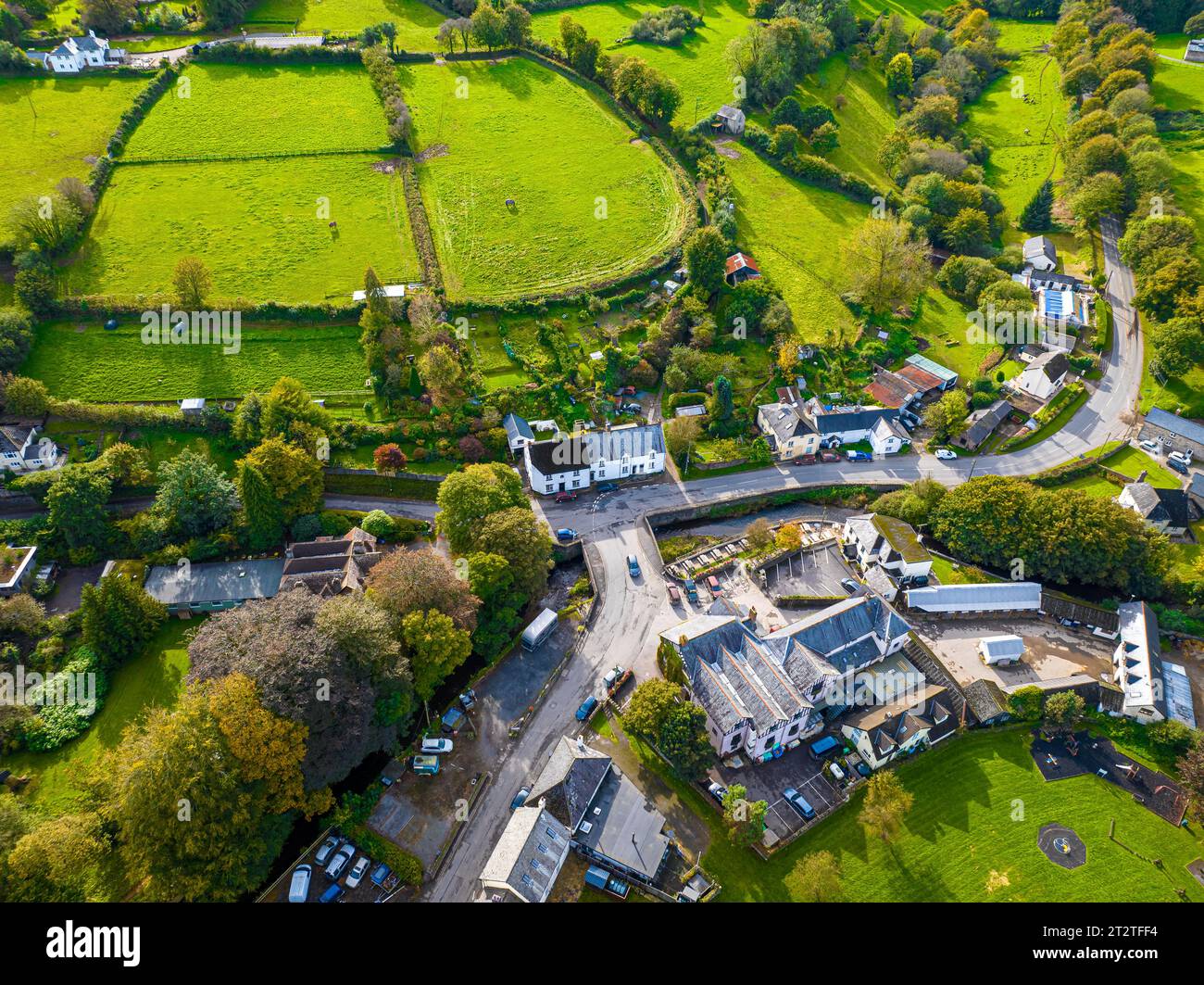 Aerial view of the heart of Exmoor - the village of Exford on the river ...