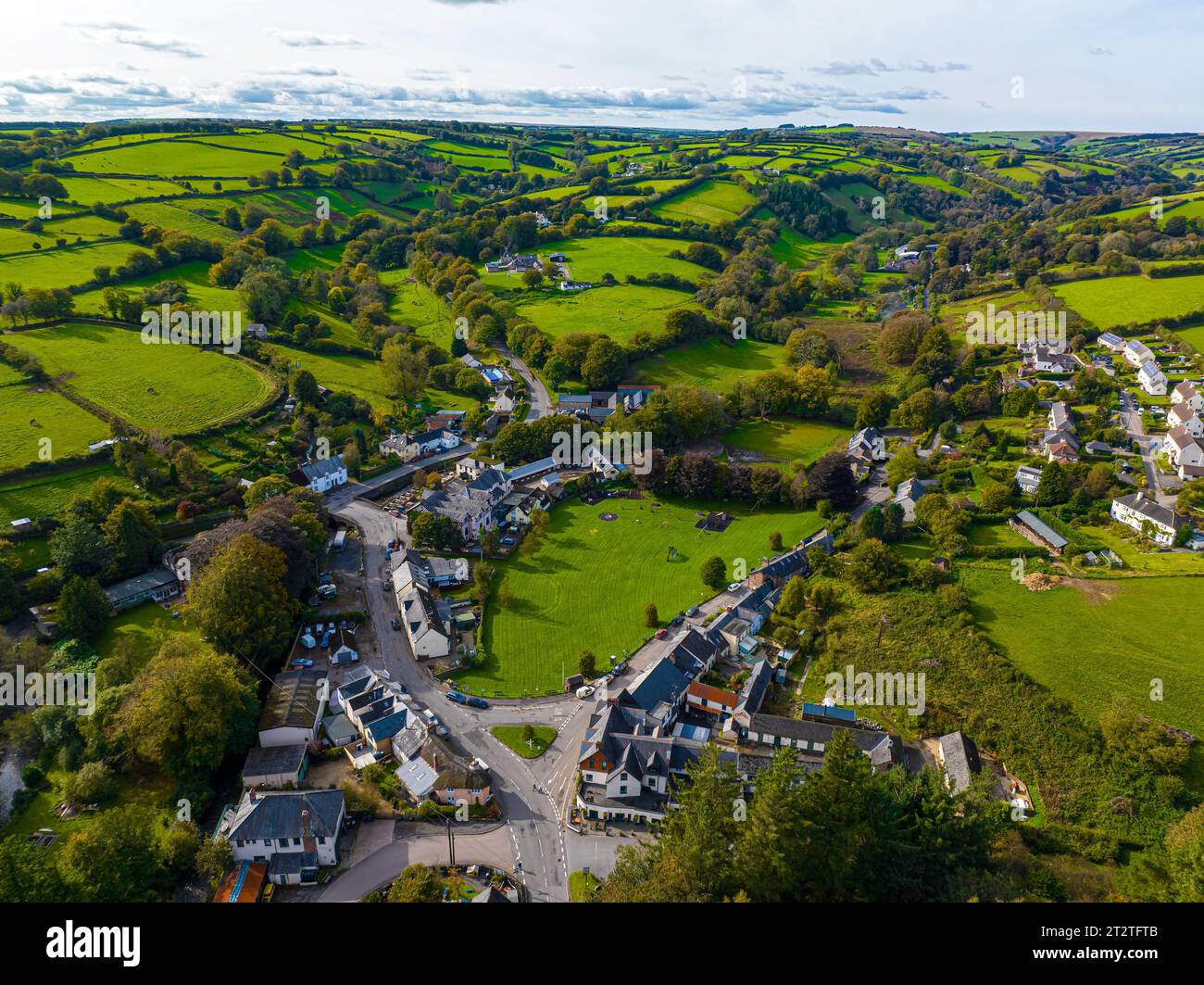 Aerial view of the heart of Exmoor - the village of Exford on the river ...